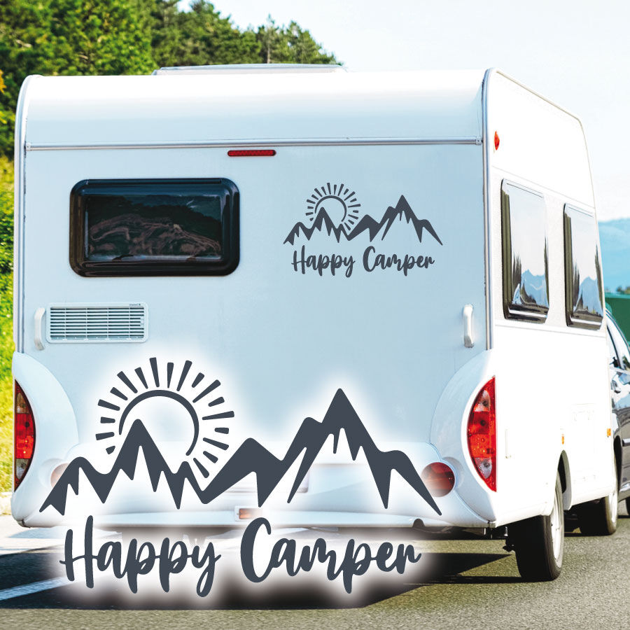Wohnmobil Aufkleber Happy Camper Berge| witec-design.de